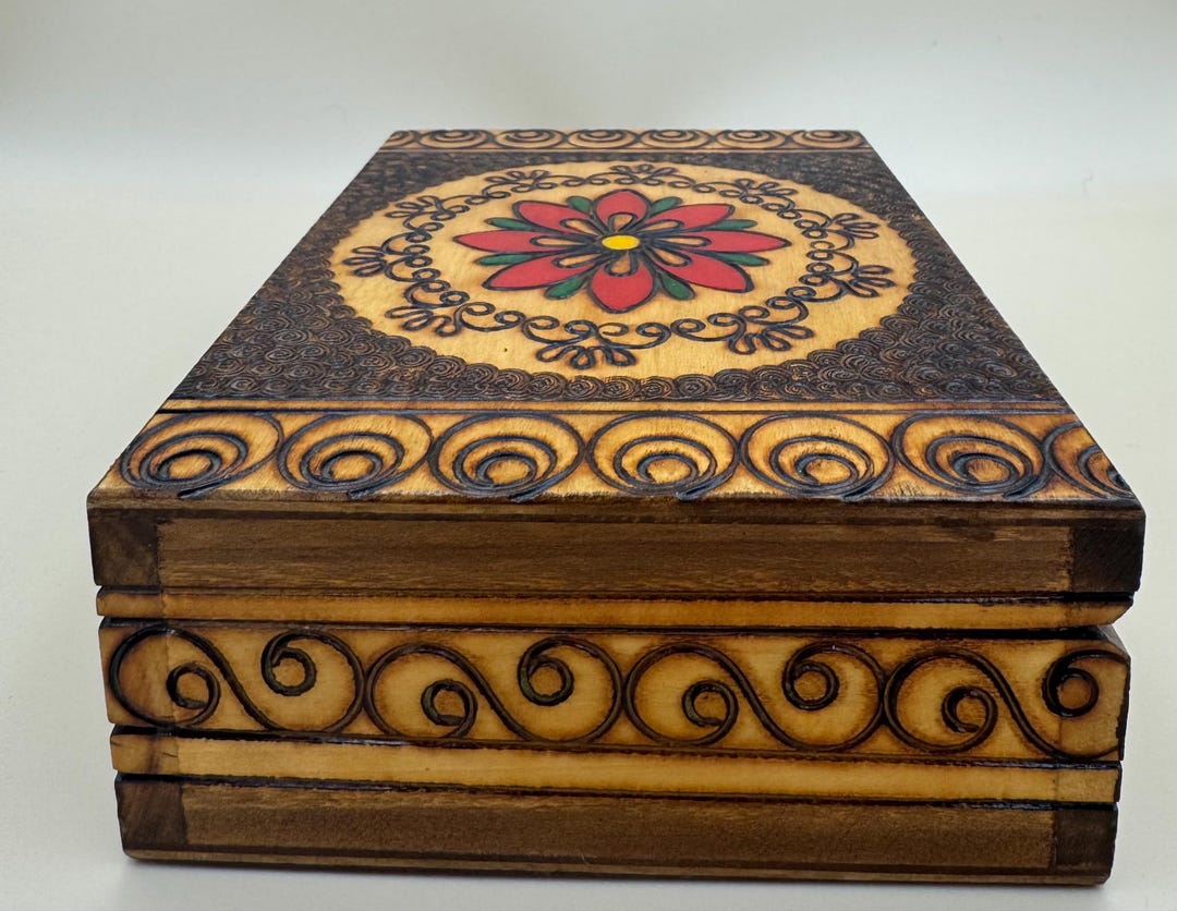 Vintage Polish Handcrafted Wooden Jewelry Trinket Box Pyrography Floral ...