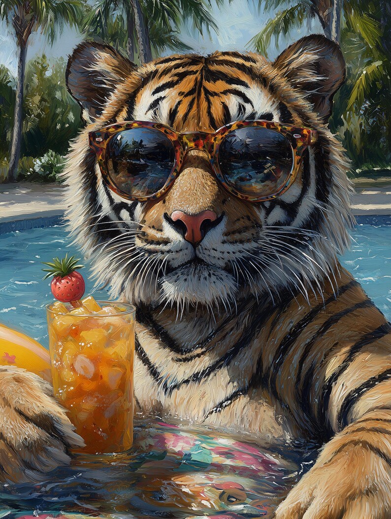 Summer Tiger Wall Art Print Set - 5 Digital Downloads of Poolside Tiger ...
