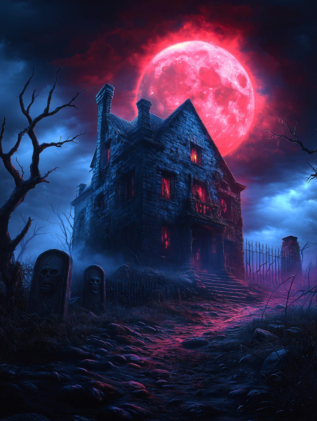 5x Haunted House Art Print, Spooky Horror Digital Download, Blood Moon ...