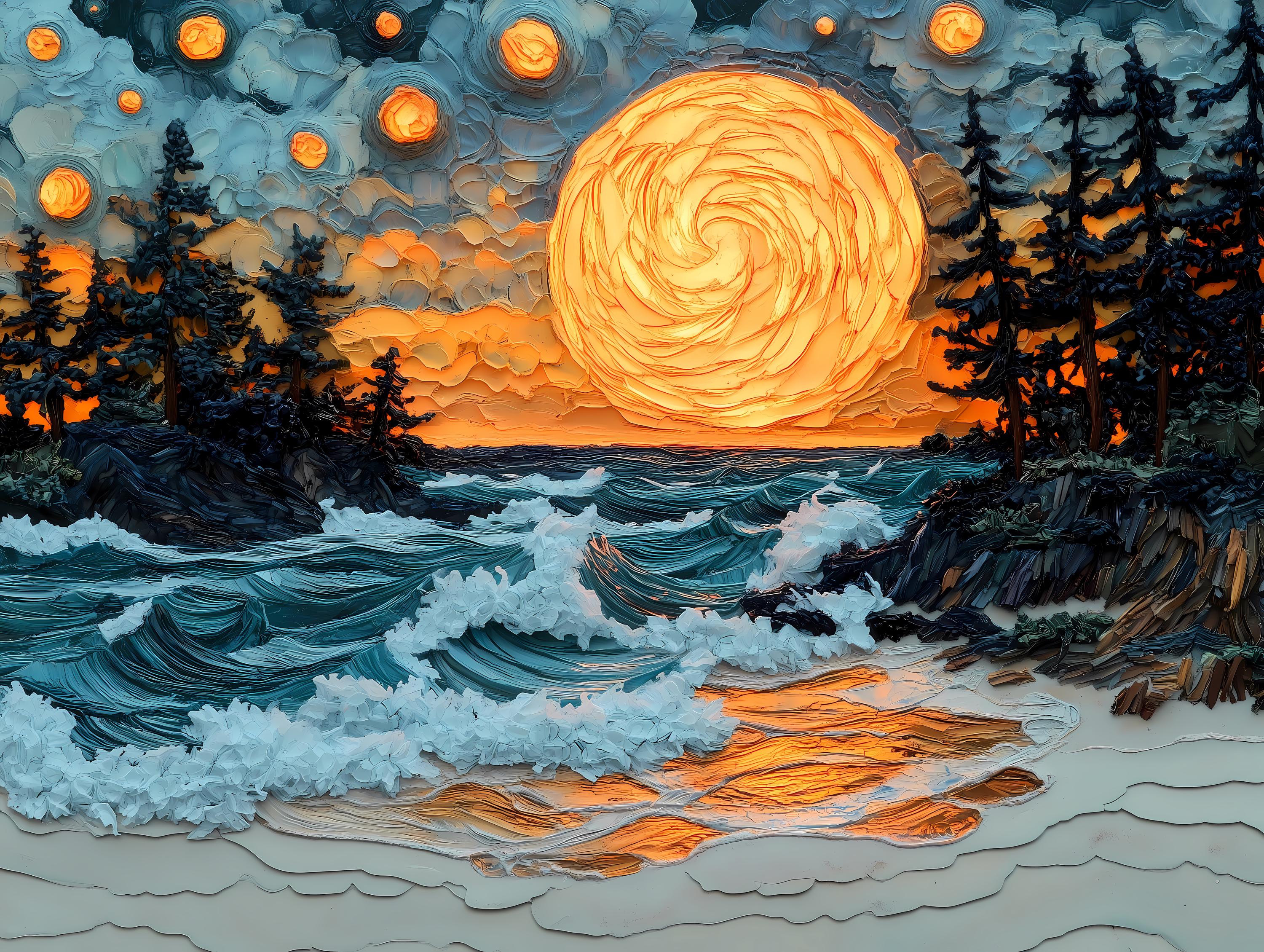 Paper Quilling Sunset Ocean Print: AI Digital Landscape (digital ...