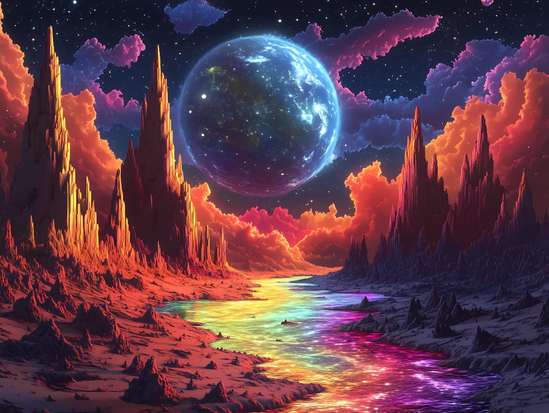 Fantasy Alien Planet Art - Vibrant Sci-fi AI Landscape Print Set - 5 ...