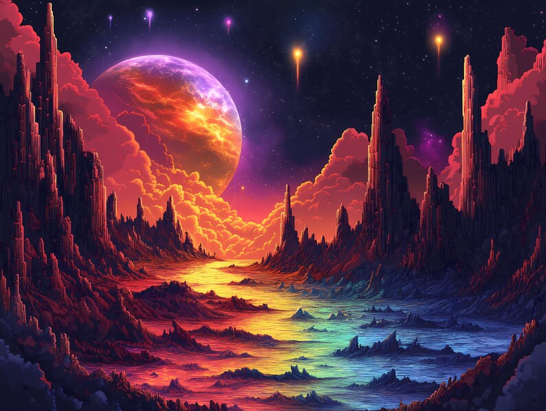Fantasy Alien Planet Art - Vibrant Sci-fi AI Landscape Print Set - 5 ...