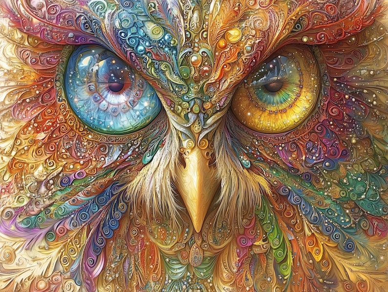 Colorful Owl Print Set: Ai-generated Psychedelic Boho Art (digital ...