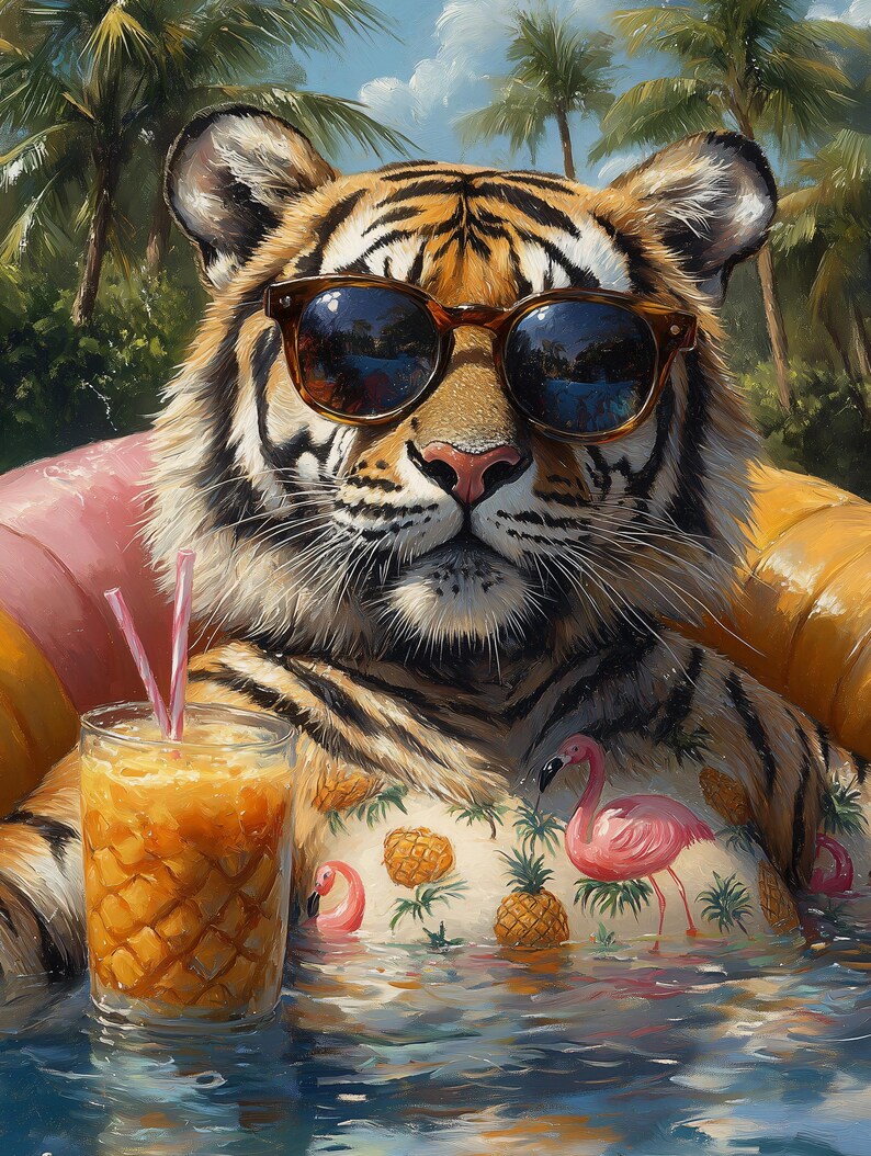 Summer Tiger Wall Art Print Set - 5 Digital Downloads of Poolside Tiger ...