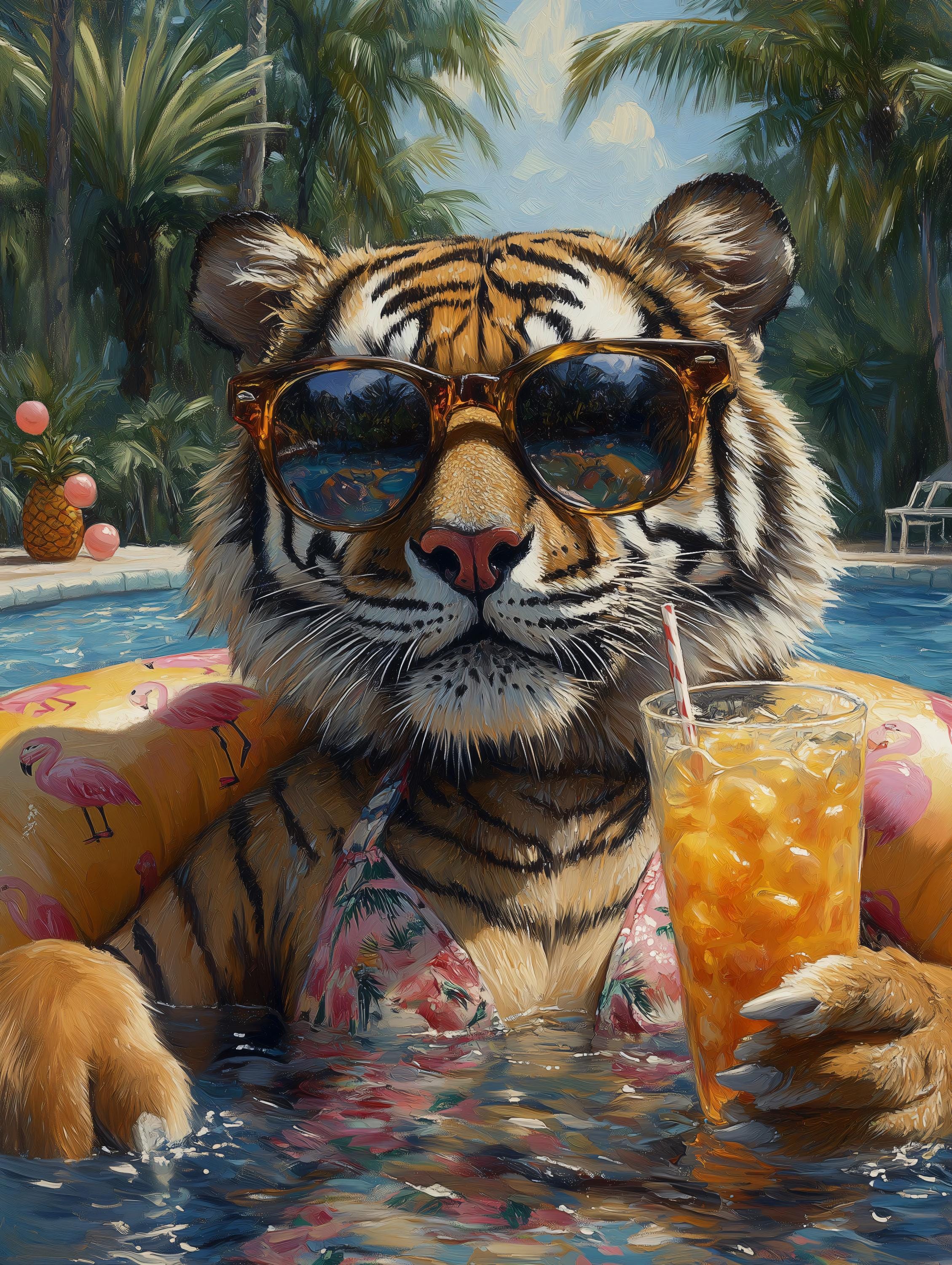 Summer Tiger Wall Art Print Set - 5 Digital Downloads of Poolside Tiger ...