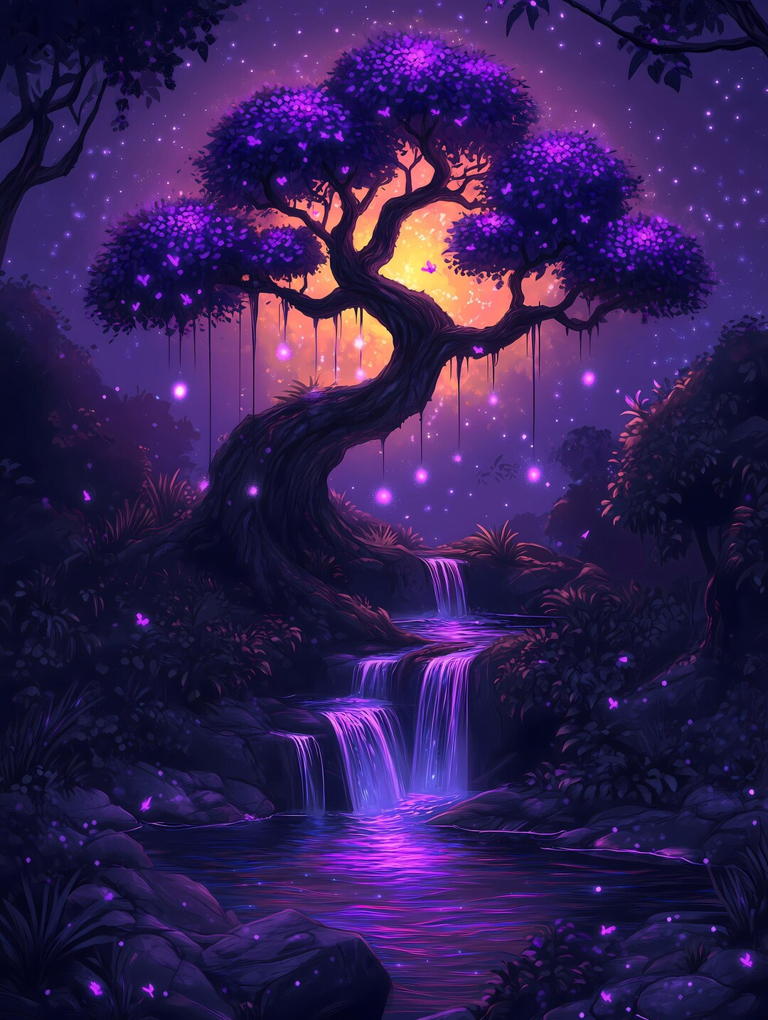 Enchanted Purple AI Tree Fantasy Art - Glowing Flowers Print Set - 5 ...