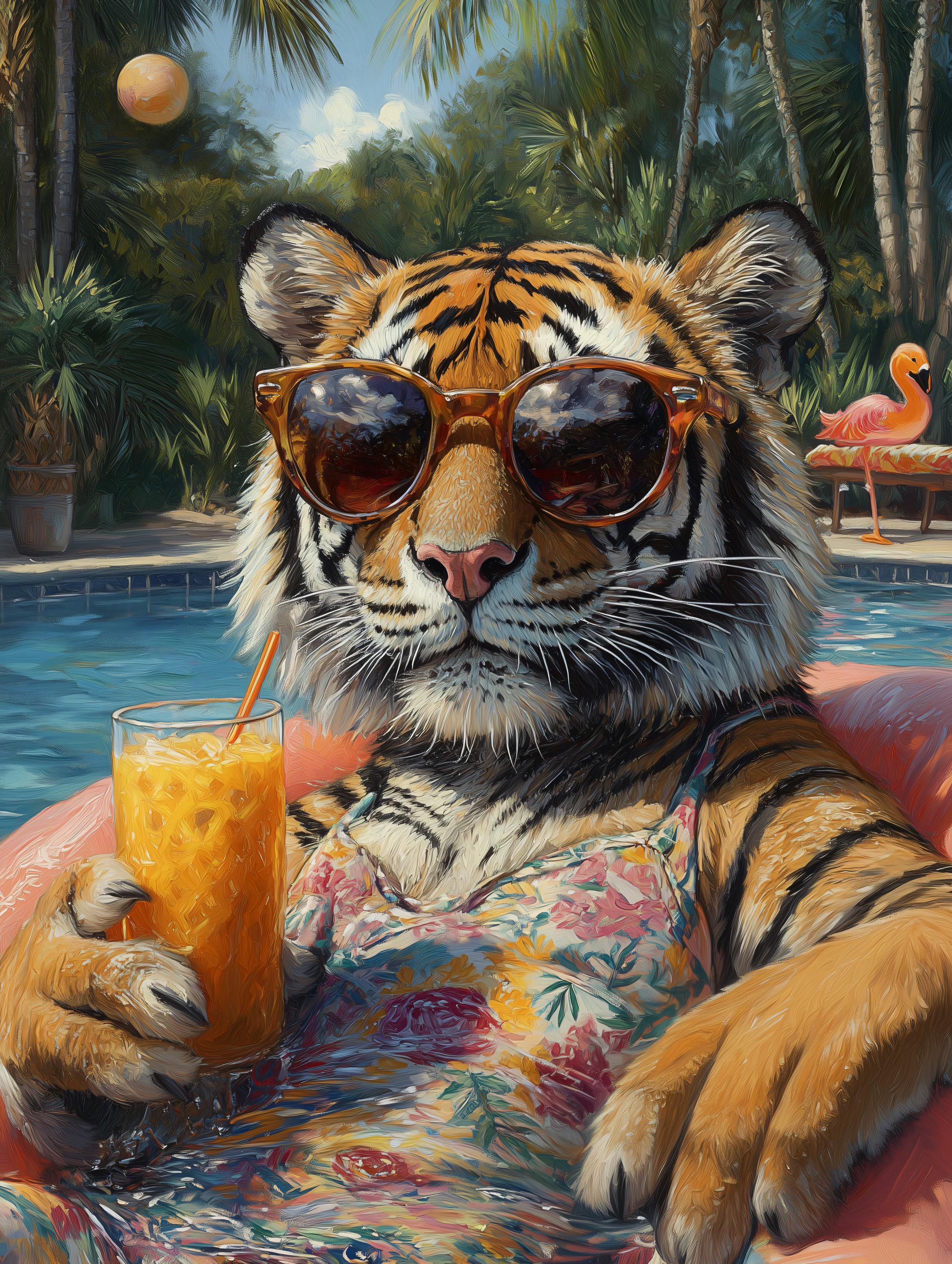 Summer Tiger Wall Art Print Set - 5 Digital Downloads of Poolside Tiger for Home Decor, Tropical ...