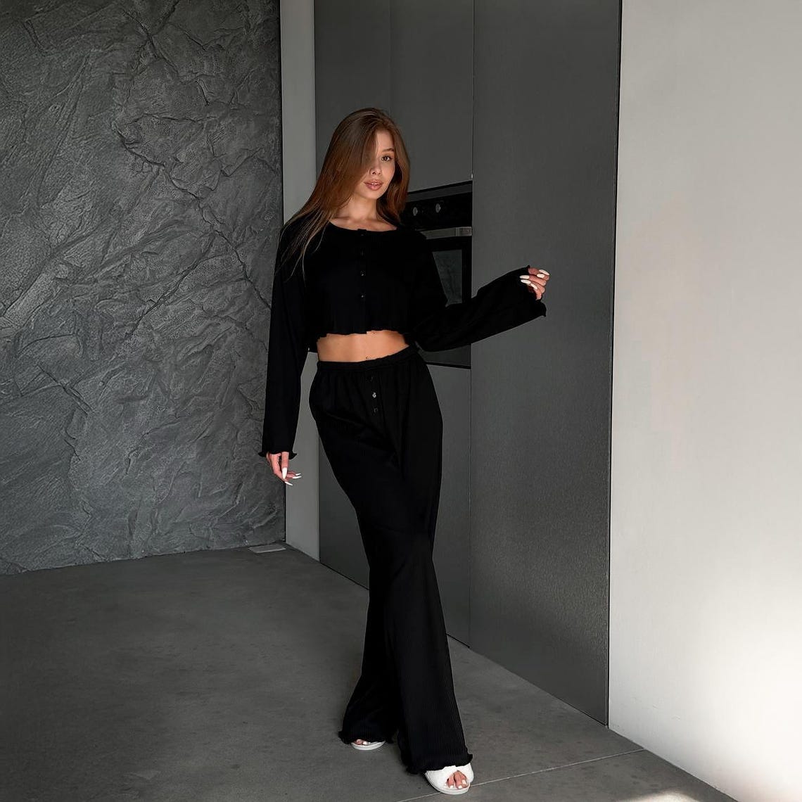 Ribbed Pajama Set, Sleepwear Set, Ribbed Sleepwear, Top, Cardigan ...