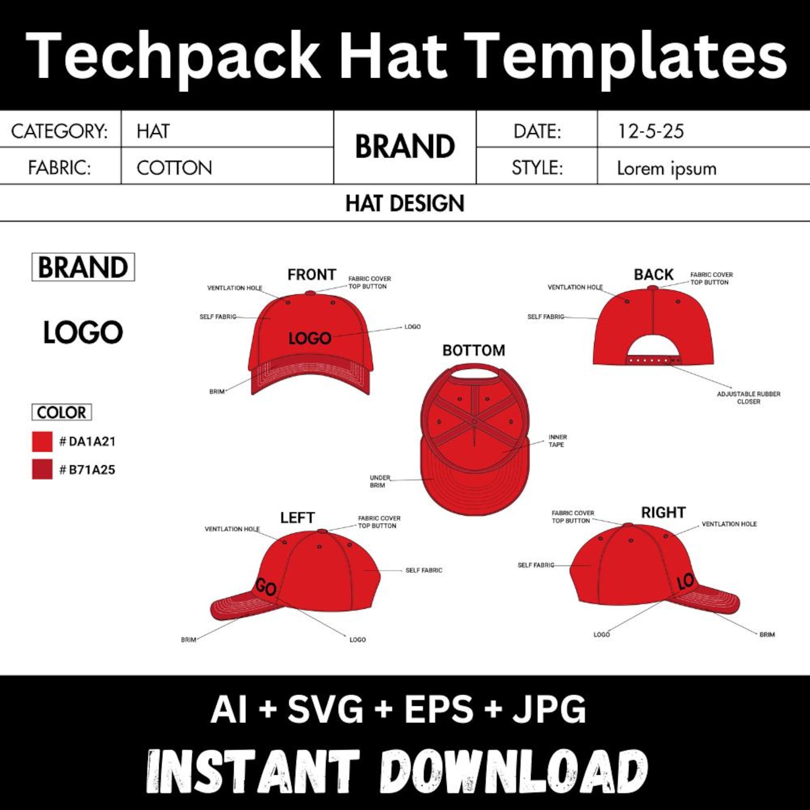 Snapdad Hat Techpack Mockup | Snapdad Cap Techpack Template | Base Ball ...