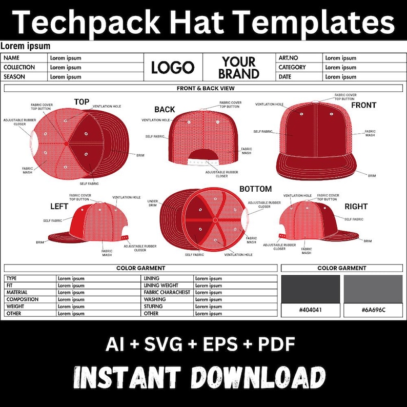 A Hat and Cap With Tech Pack With Mockup for Manufacturer | Trucker Hat Techpack | Trucker Cap ...