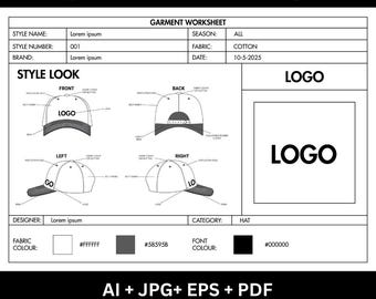 Trucker Hat Techpack Mockup | Trucker Cap Techpack Template | Base Ball Hat Tech Pack | Editable ...