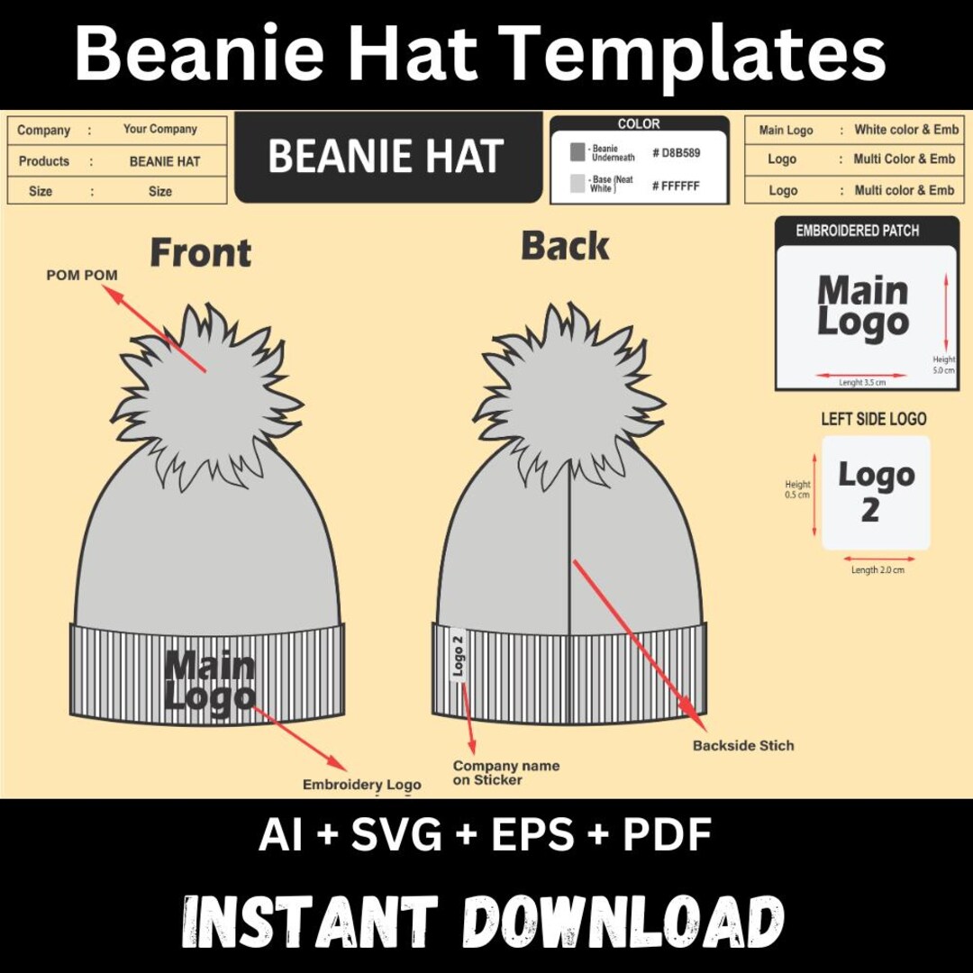 Beanie Hat Tech Pack Template | Streetwear Bundle | Knit Beanie Mockup ...
