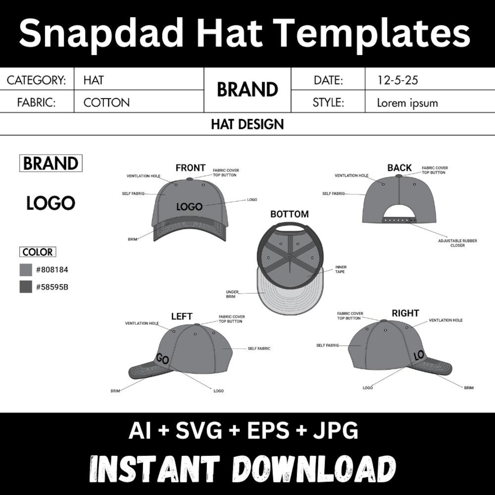 Snapback Hat Tech Pack Template | Streetwear Bundle | Snapback Mockup ...