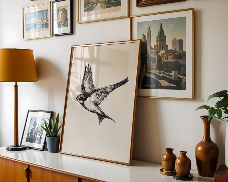 Retro Swallow Print Bird Sketch Art Printable Swallow Home Decor ...