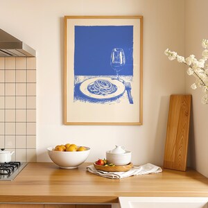Pasta Night Print Blue Kitchen Wall Art Printable Spaghetti and Wine ...