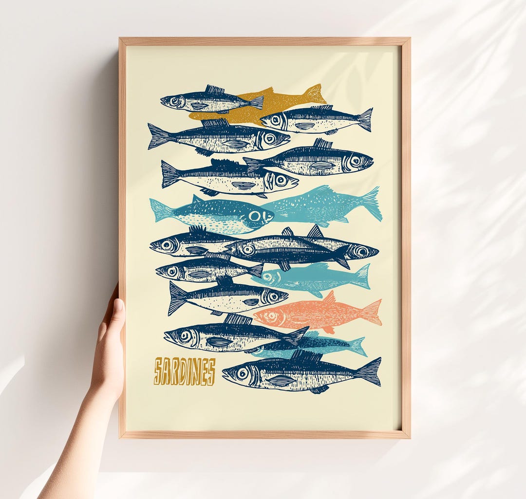 Retro Sardines Poster – Blue Fish Kitchen Wall Art, Coastal Printable ...