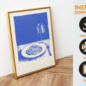 Pasta Night Print Blue Kitchen Wall Art Printable Spaghetti and Wine ...