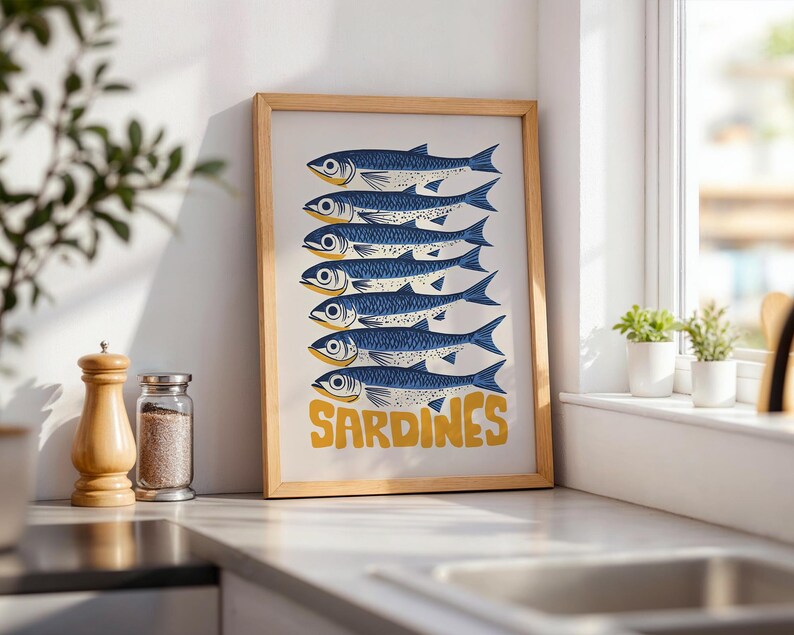 Retro Sardines Poster – Funny Fish Kitchen Wall Art, Coastal Printable ...