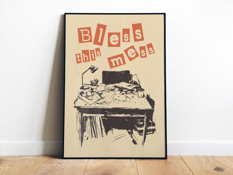 Retro “bless This Mess” Desk Poster – Funny Office Wall Decor, Vintage ...