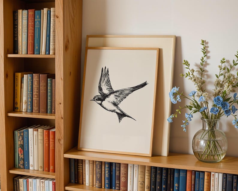 Retro Swallow Print Bird Sketch Art Printable Swallow Home Decor ...
