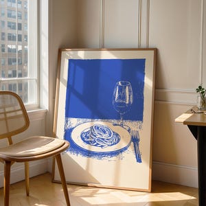 Pasta Night Print Blue Kitchen Wall Art Printable Spaghetti and Wine ...