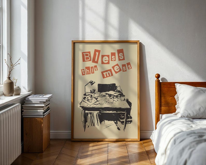 Retro “bless This Mess” Desk Poster – Funny Office Wall Decor, Vintage ...