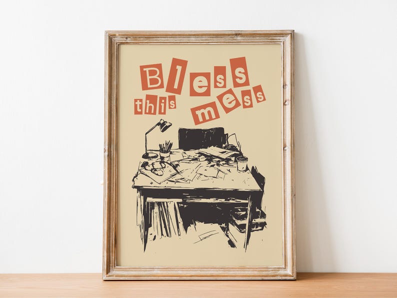 Retro “bless This Mess” Desk Poster – Funny Office Wall Decor, Vintage ...