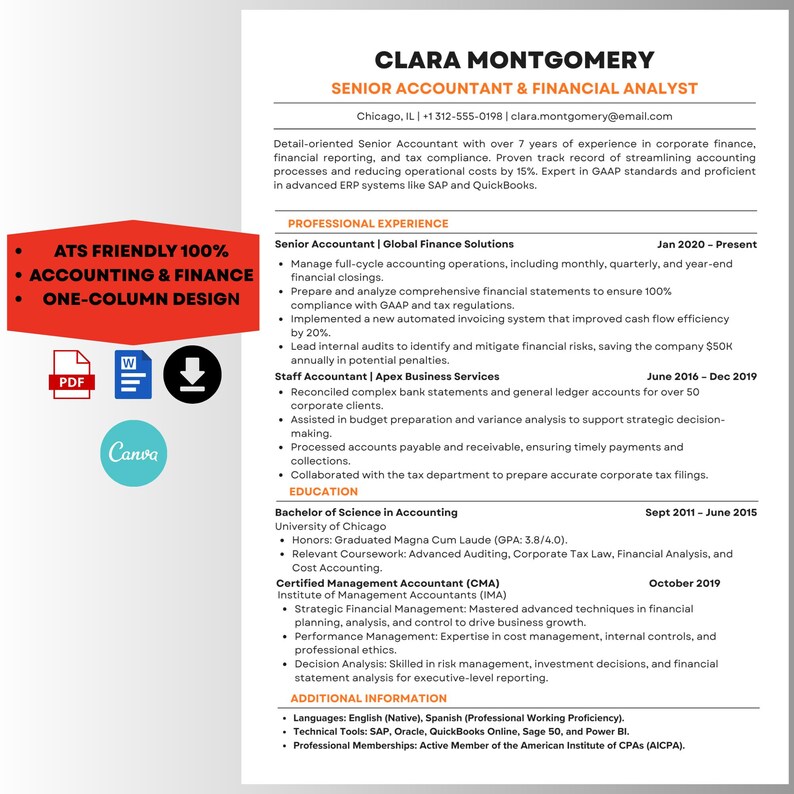 ATS Accounting Resume Template, Finance CV for Canva, Cover Letter ...