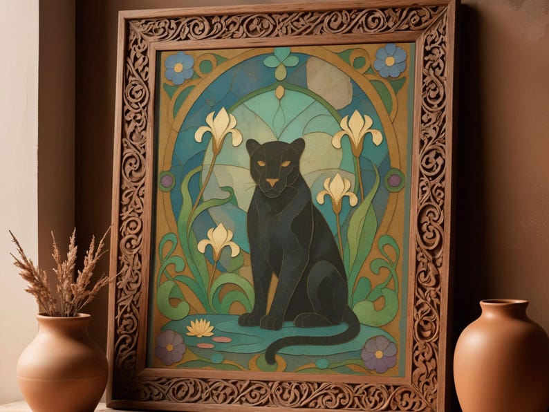 Floral Panther Poster in Art Nouveau Style, Printable Art Collage ...