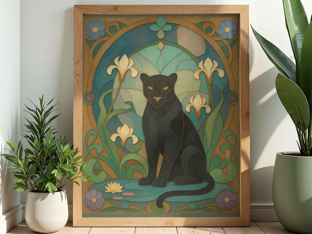 Floral Panther Poster in Art Nouveau Style, Printable Art Collage ...