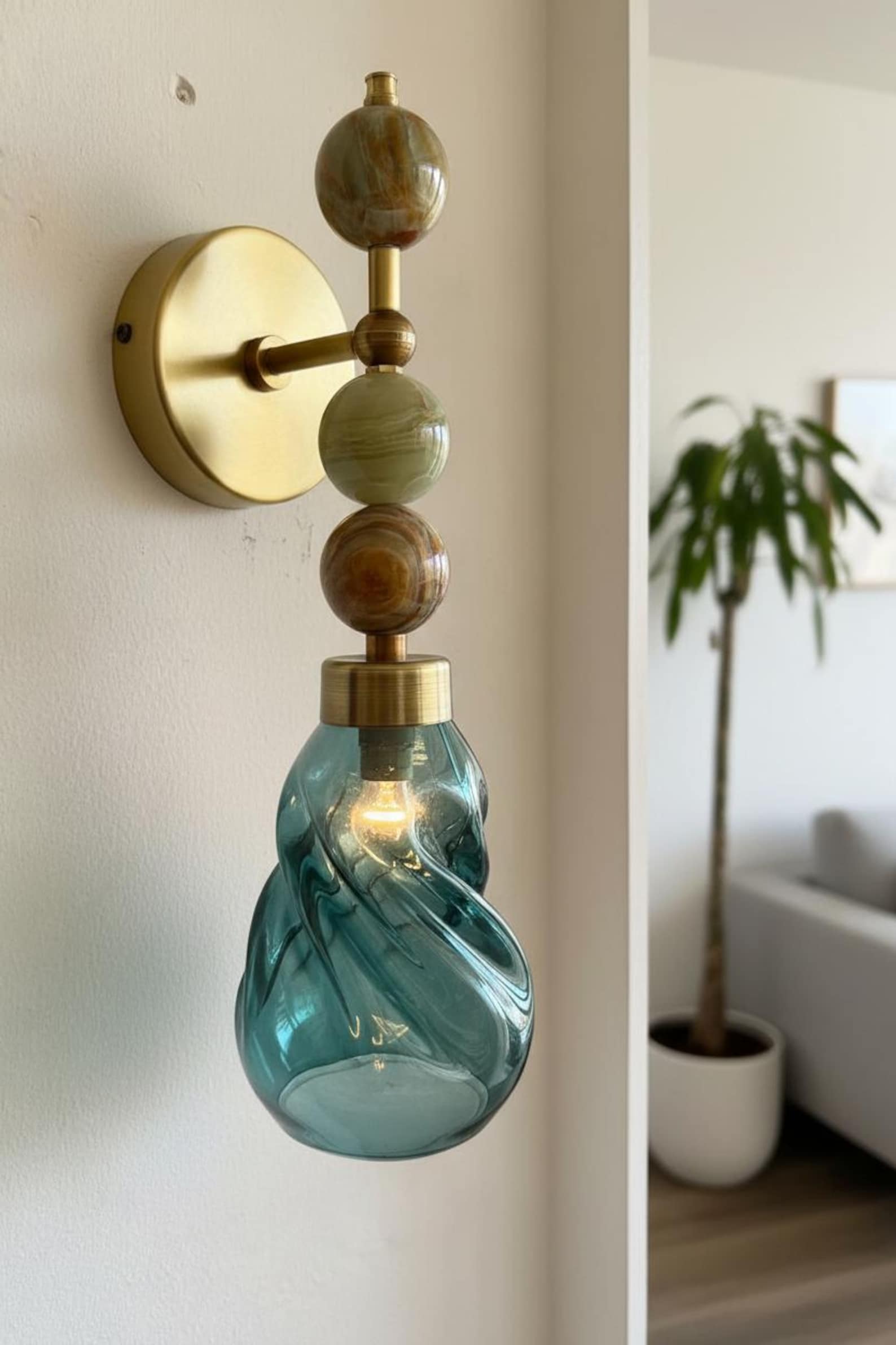 Onyx Stone Wall Sconce – Teal Art Glass Brass Light - Etsy