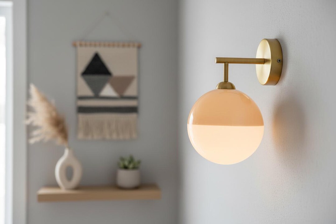 Opaque Beige & White Glass Wall Light – Handmade Brass Wall Sconce With ...
