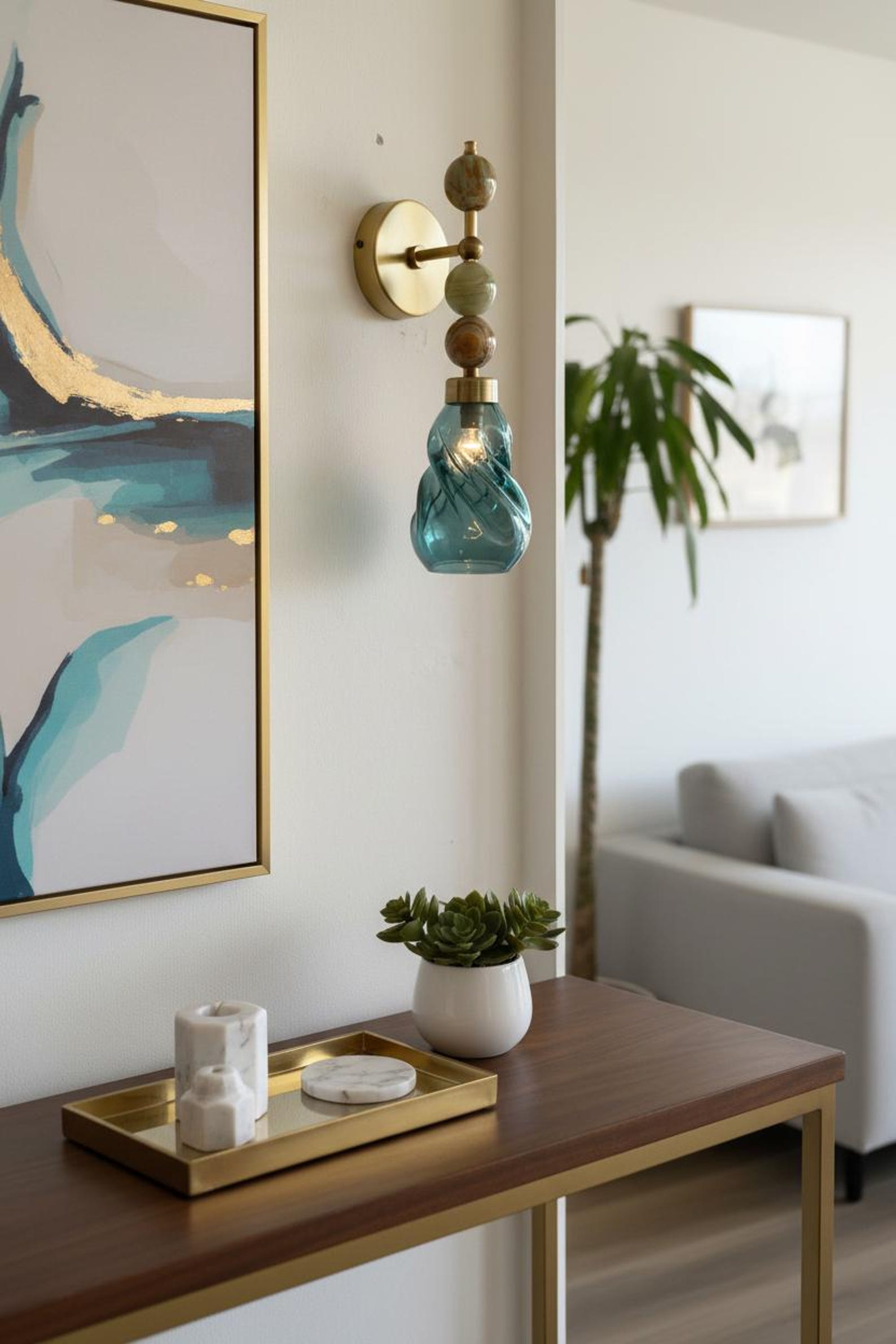 Onyx Stone Wall Sconce – Teal Art Glass Brass Light - Etsy