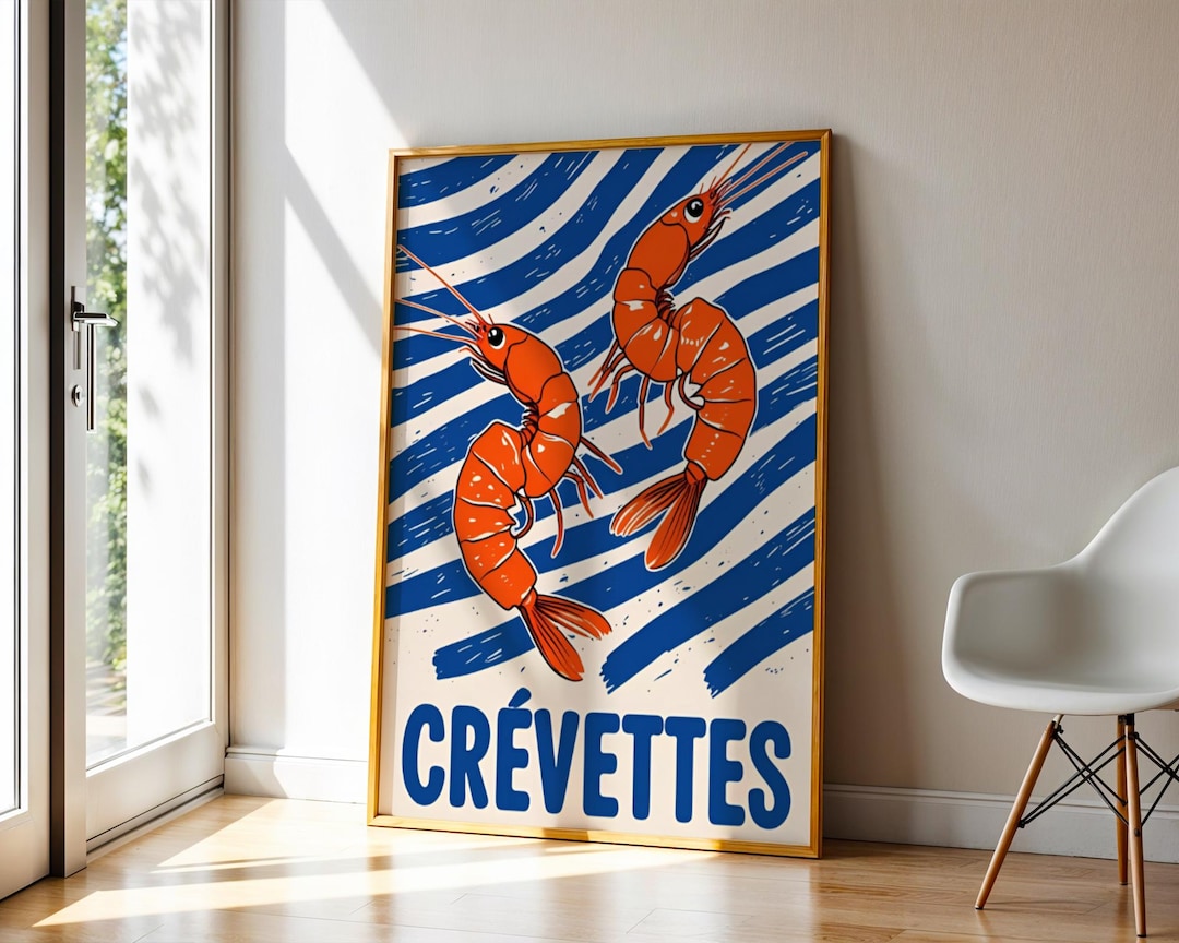 Crevettes Shrimp Poster – French Seafood Wall Art With Blue Stripes ...