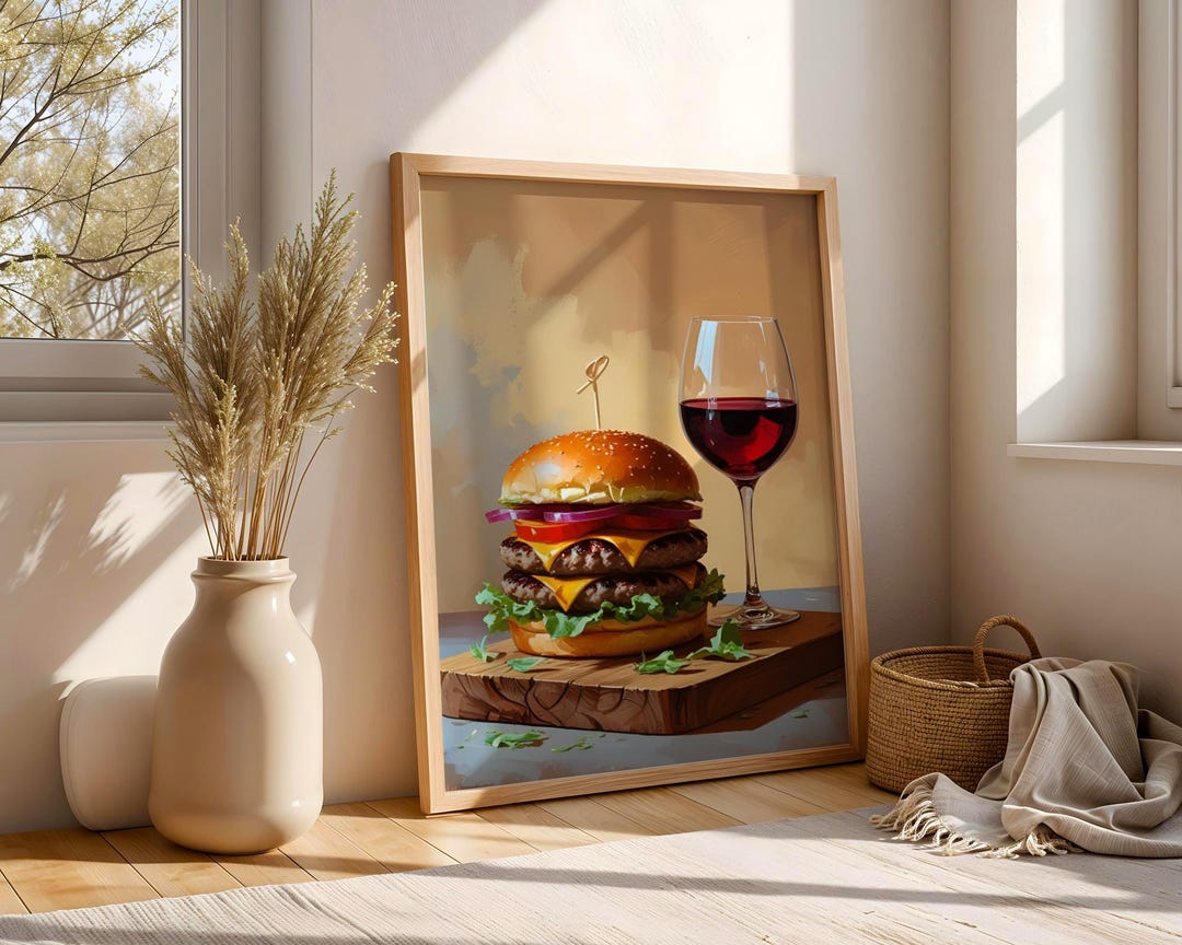 Burger and Wine Wall Art, Gourmet Food Illustration, Retro Kitchen ...