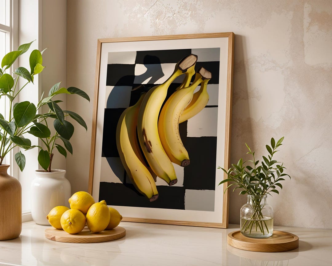 Retro Banana Kitchen Art – Minimal Fruit Wall Print – Checkerboard Food ...