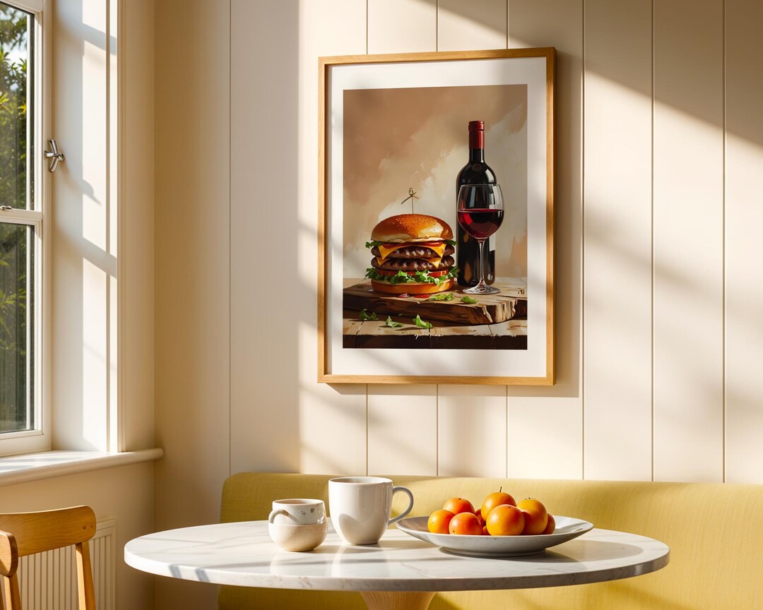 Burger and Wine Poster, Gourmet Food Art Print, Retro Diner Wall Decor ...