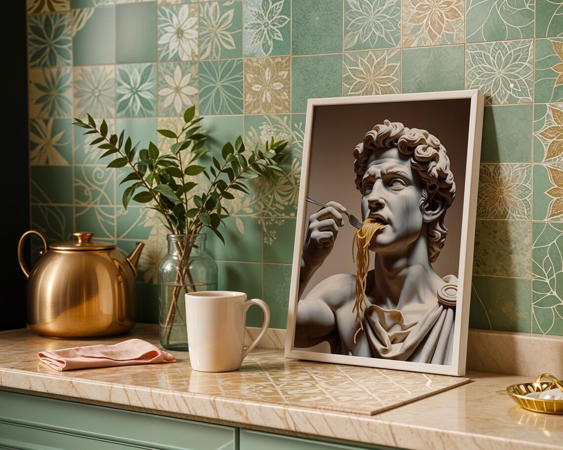 David Statue Eating Pasta – Funny Classical Art Print – Italian Food ...