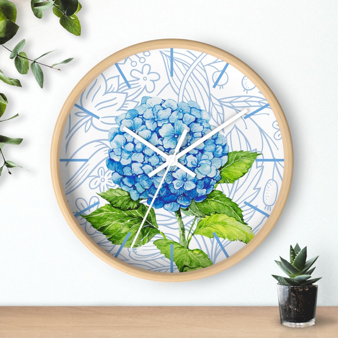 Hydrangea Wall Clock - Floral Home Decor, Blue Flower Timepiece, Nature ...