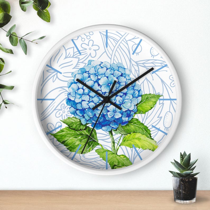 Hydrangea Wall Clock - Floral Home Decor, Blue Flower Timepiece, Nature ...