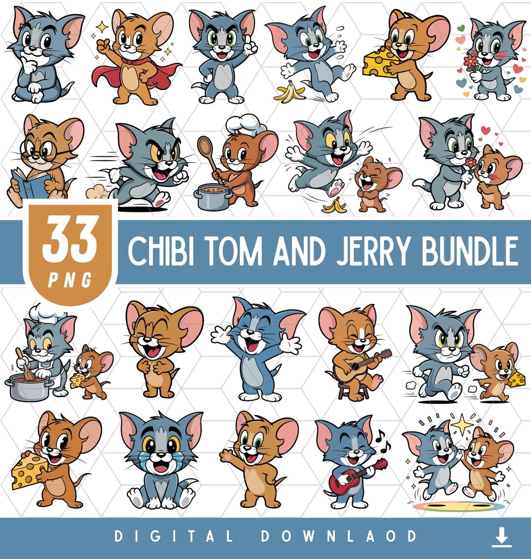 33 Chibi Tom and Jerry PNG Bundle, Cute Cartoon Clipart, Kawaii Tom and ...