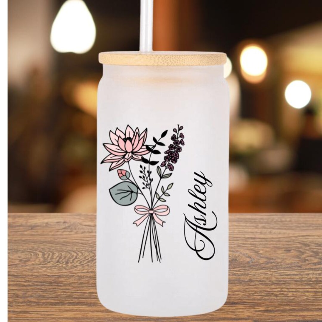 Personalized Birth Flower Glass Cup With Bamboo Lid & Straw | Custom ...