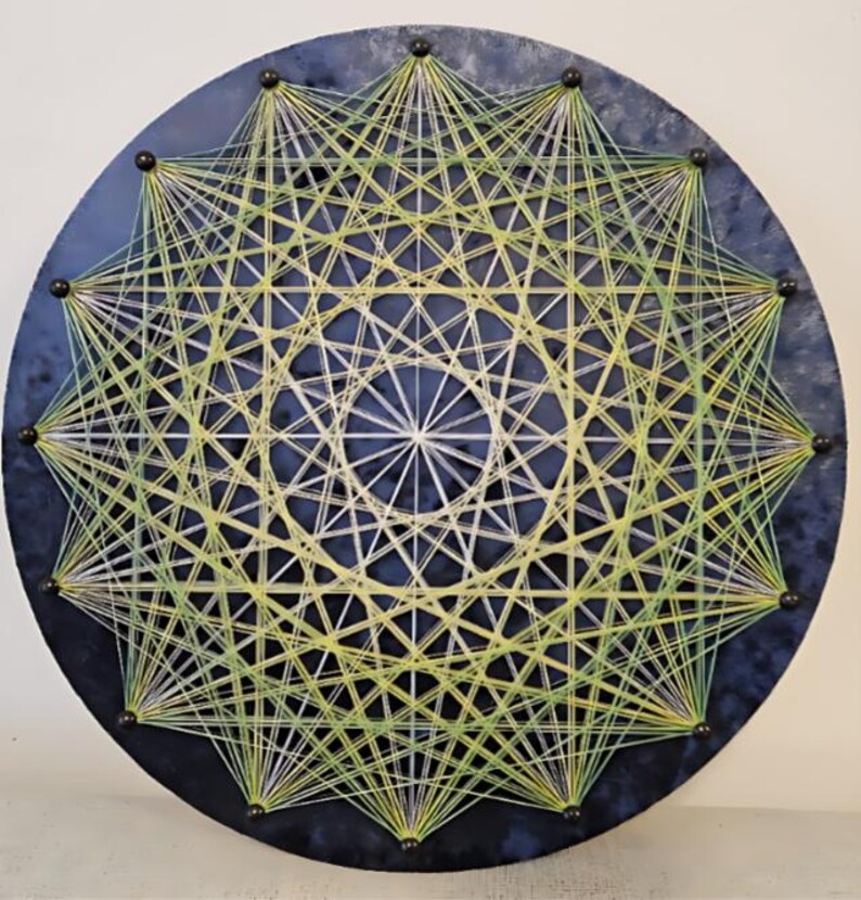 Sacred Geometry String Art – Mandala Pattern, Golden Green Thread on Black Velvet, Spiritual ...