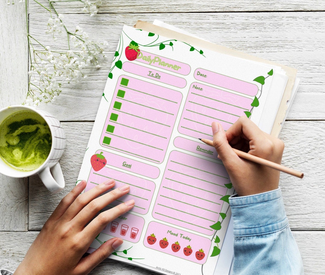 Cute Strawberry Daily Planner Printable or Digital Fillable PDF Single ...