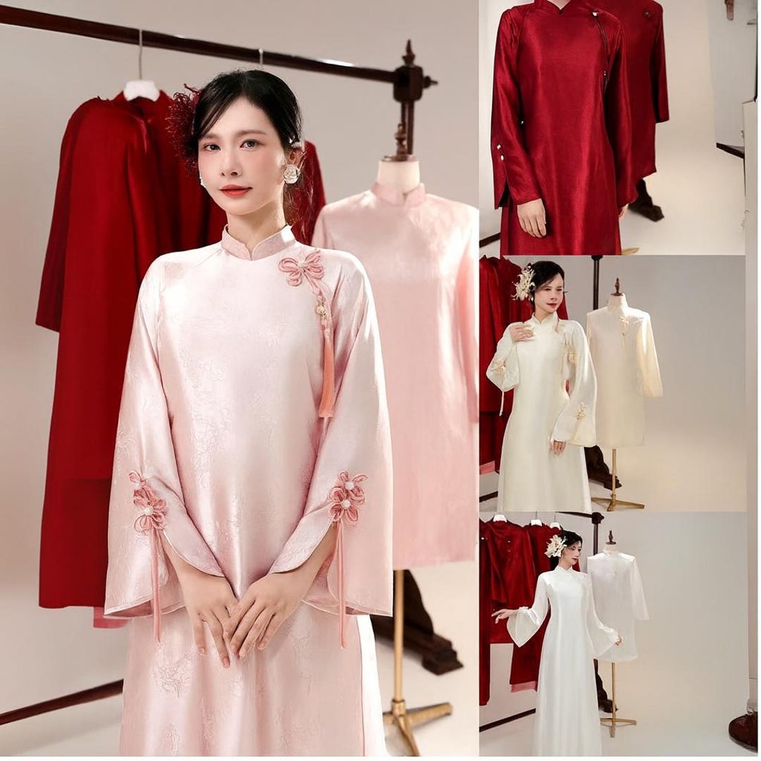 Pre-made Ao Dai Viet Nam, Vietnamese Bridal Ao Dai Brocade Long Dress ...