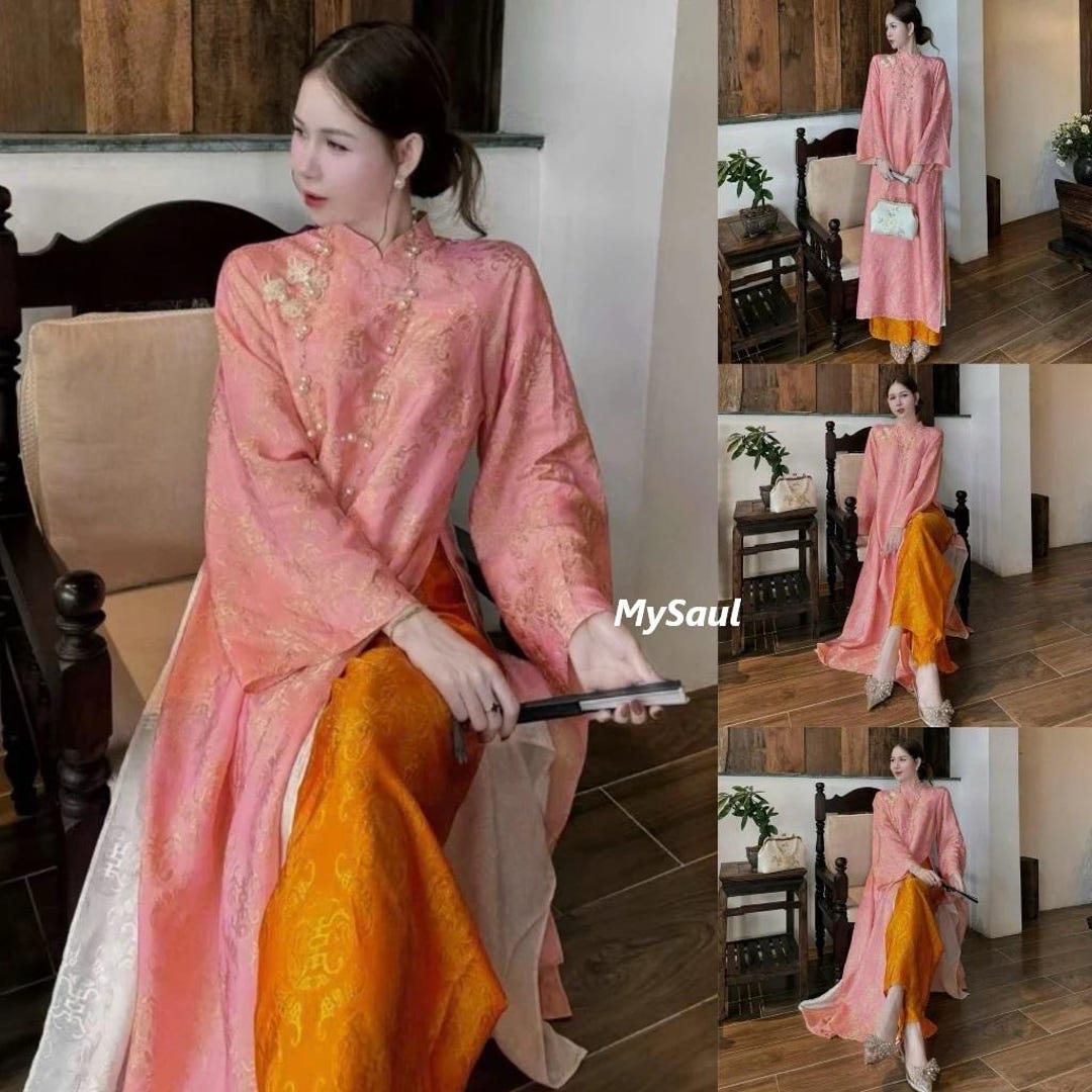 Pre-made Ao Dai Viet Nam, 4 Panel Ao Dai Set With Orange Pants ...