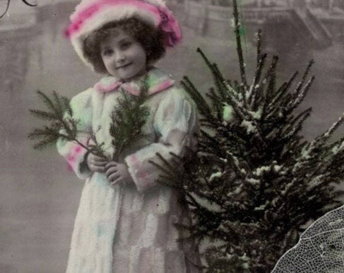 Pretty Edwardian Girl With Sled and Christmas Tree Antique French Photo ...