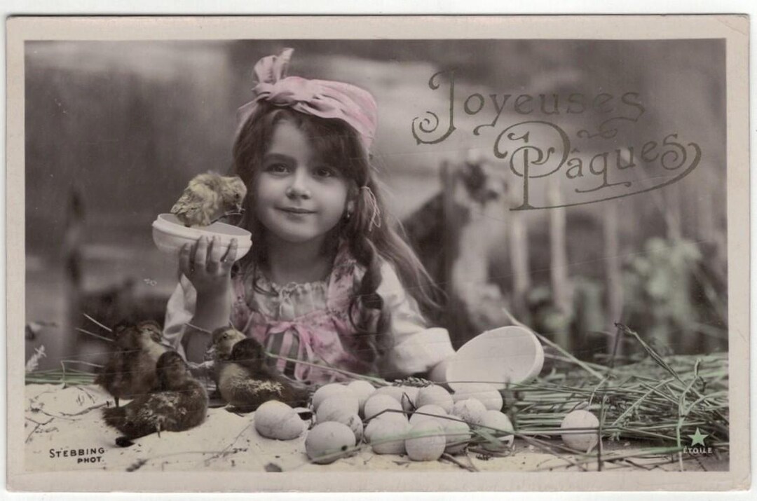 1907 Cute Little Girl With Easter Eggs and Chicks Antique EASTER ...