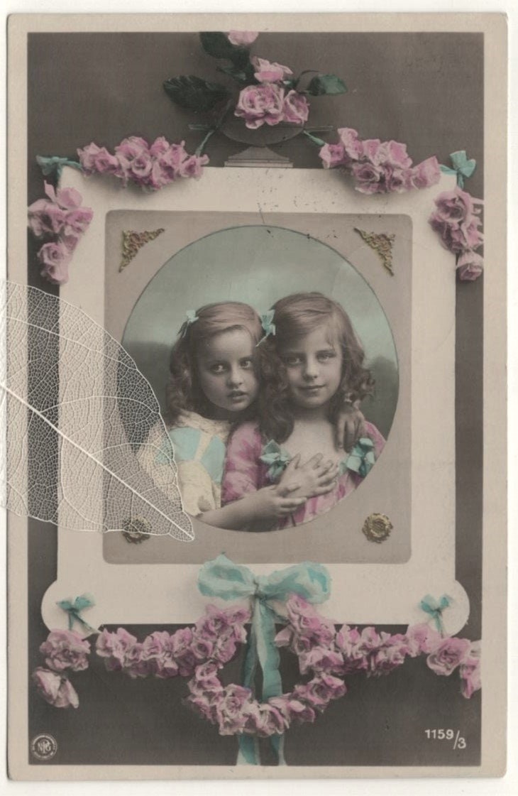 1908 Two Pretty GIRLS in Frame Embellished With PINK Flowers & Blue ...