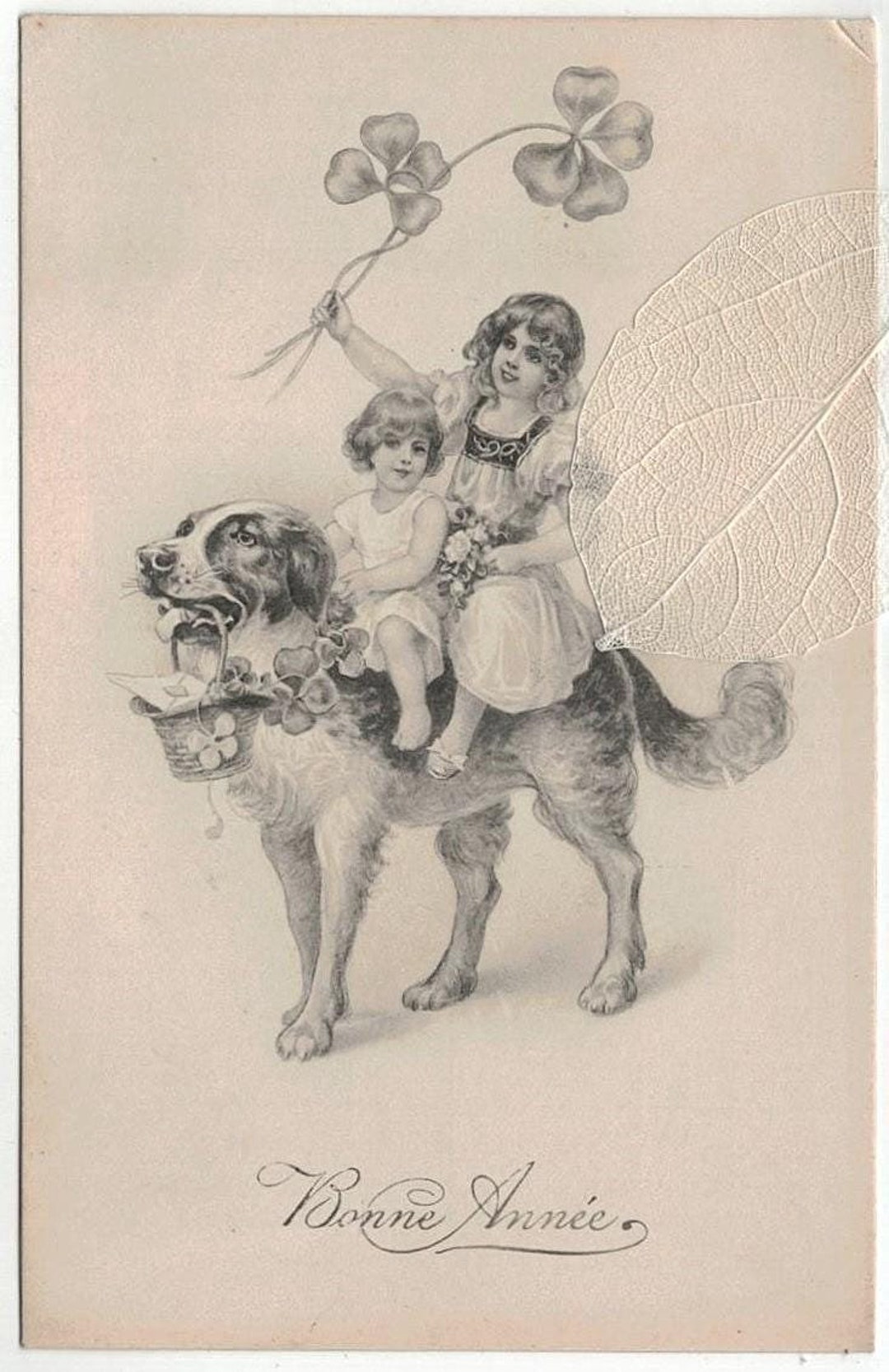 1912 Two Children Riding on St. Bernard Dog Antique French New Year ...